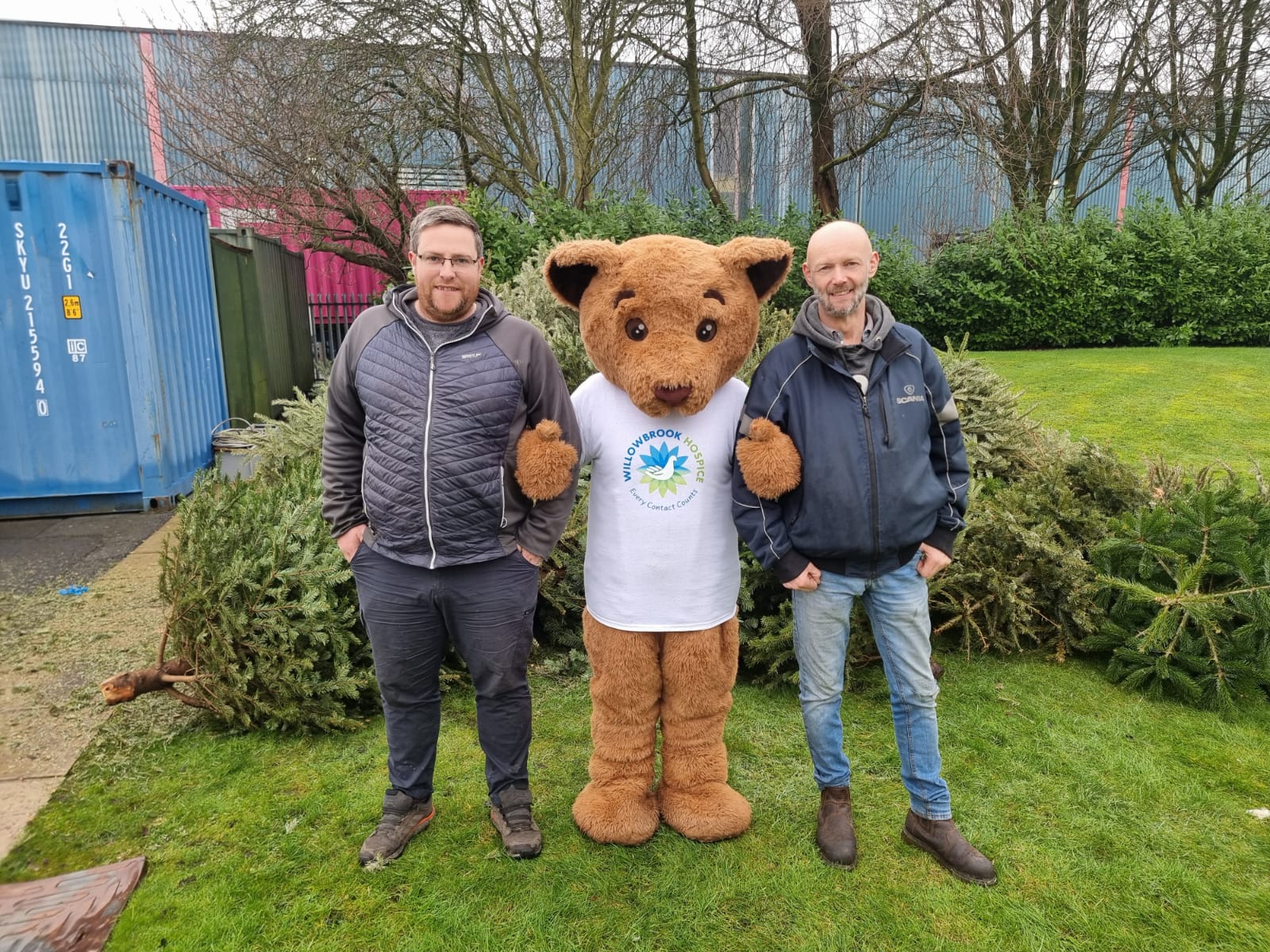 Brookie Bear helps with Christmas Tree recycling! | Willowbrook Hospice